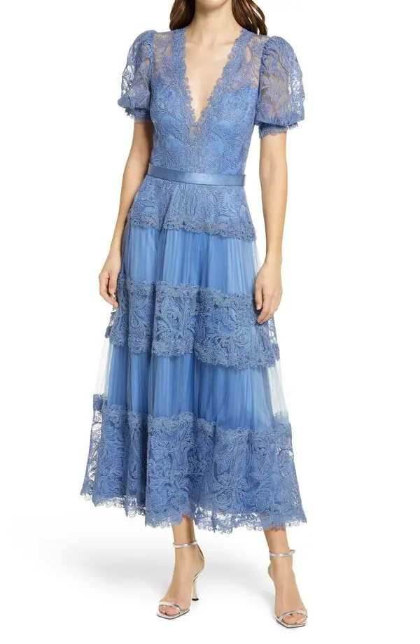 Tadashi Shoji Embroidered Lace Tiered Midi Dress - Powder Blue